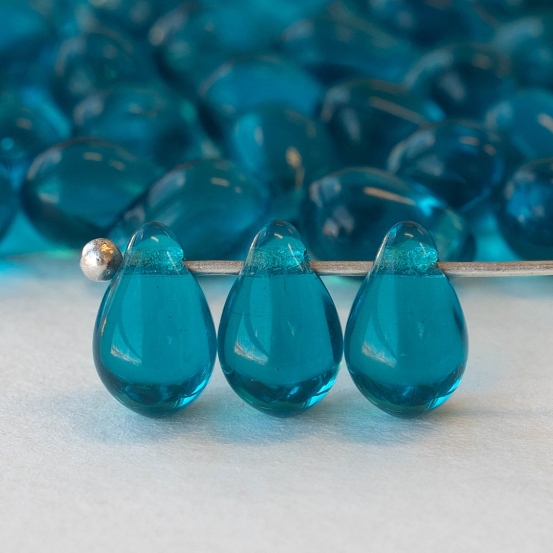 50 6x9mm Glass Teardrop Beads Czech Glass Beads Transparent Teal 50 ...