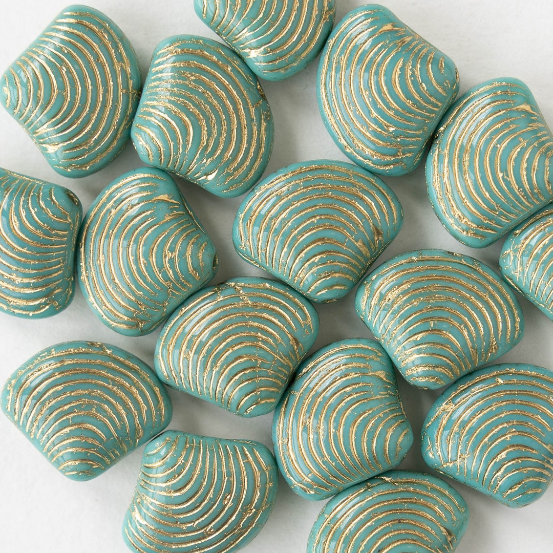 4 - Glass Shell Beads - Czech Glass Beads - Opaque Turquoise With Gold ...
