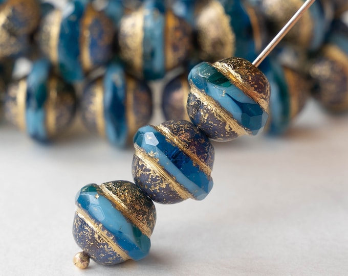 6 - 10x12mm Saturn Beads - Czech Glass Beads - Teal and Sky Blue With a ...