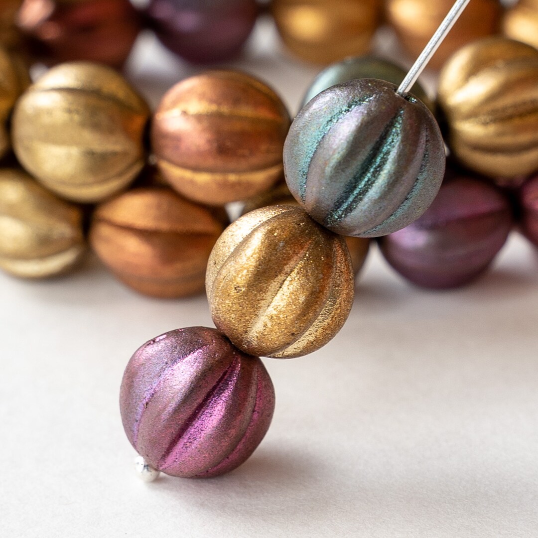10mm Melon Beads - Fluted Round Beads - Czech Glass Beads - Metallic ...