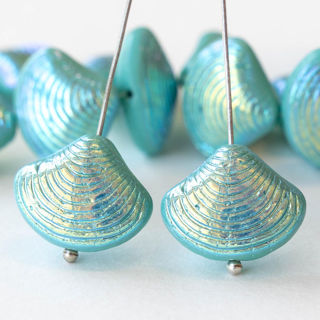 4 - 15x18mm Glass Shell Beads - Czech Glass Beads - Opaque Seafoam AB ...