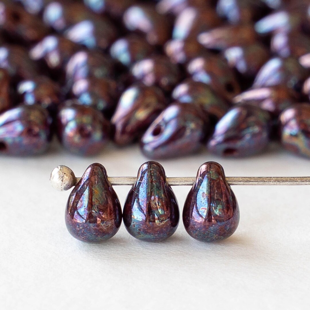 50 - 4x6mm Glass Teardrop Beads - Czech Glass Beads - Purple Nebula ...