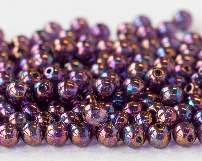 4mm Round Glass Beads - Czech Glass Beads - Purple Pink Iridescent ...