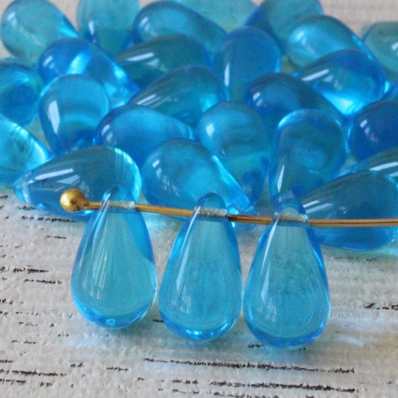Lot of six Czech glass long teardrop beads 9 x 20mm elongated tear ...