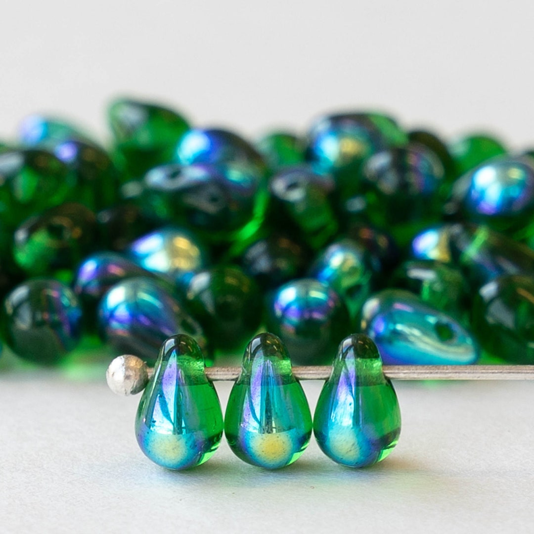 6x4mm Glass Teardrop Bead - Jewelry Making Supplies - Emerald Green AB ...