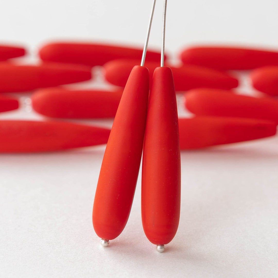 10 - Red Teardrop Beads - Frosted Glass Beads - Opaque Vermilion Red ...