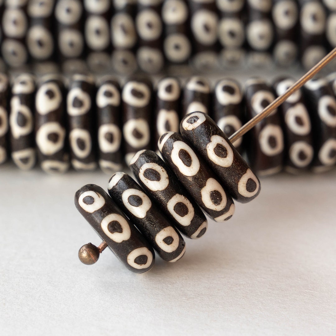 1 - 15mm Rondelle or Donut Shaped Bone Beads With Circle Designs. - 10 ...