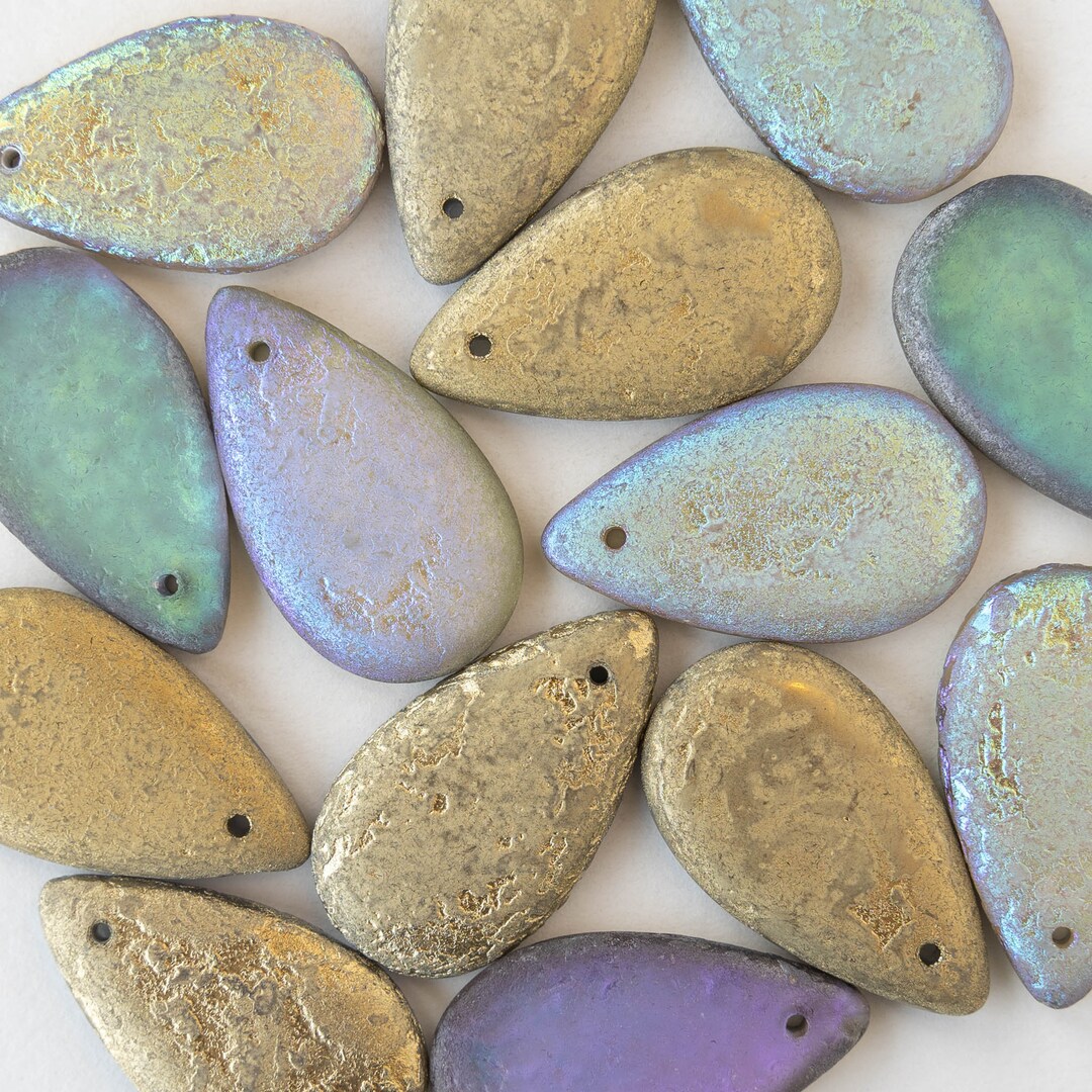30mm Large Flat Glass Teardrop Beads - Czech Glass Beads - Etched ...