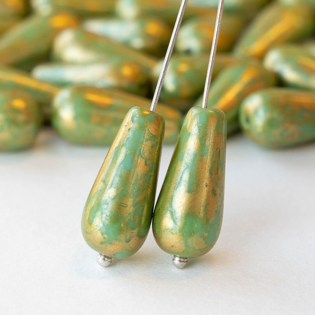 10 - 9x20mm Glass Long Drilled Drops - Opaque Turquoise With Gold - 6 ...