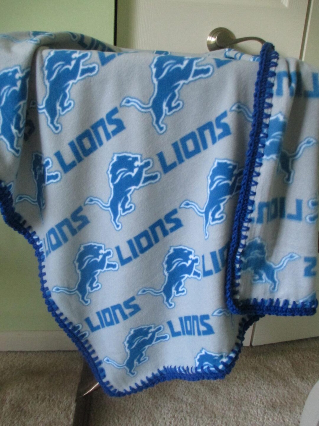 DETROIT LIONS Baby Blanket, Fleece With Hand Crocheted Edging, Handmade ...