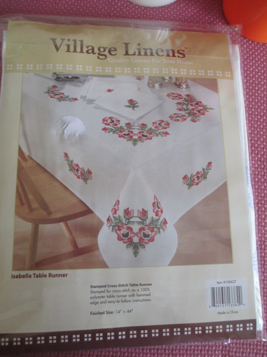 STAMPED EMBROIDERY Kit, Isabella Table Runner, Red Flowers, 14" X 44 ...