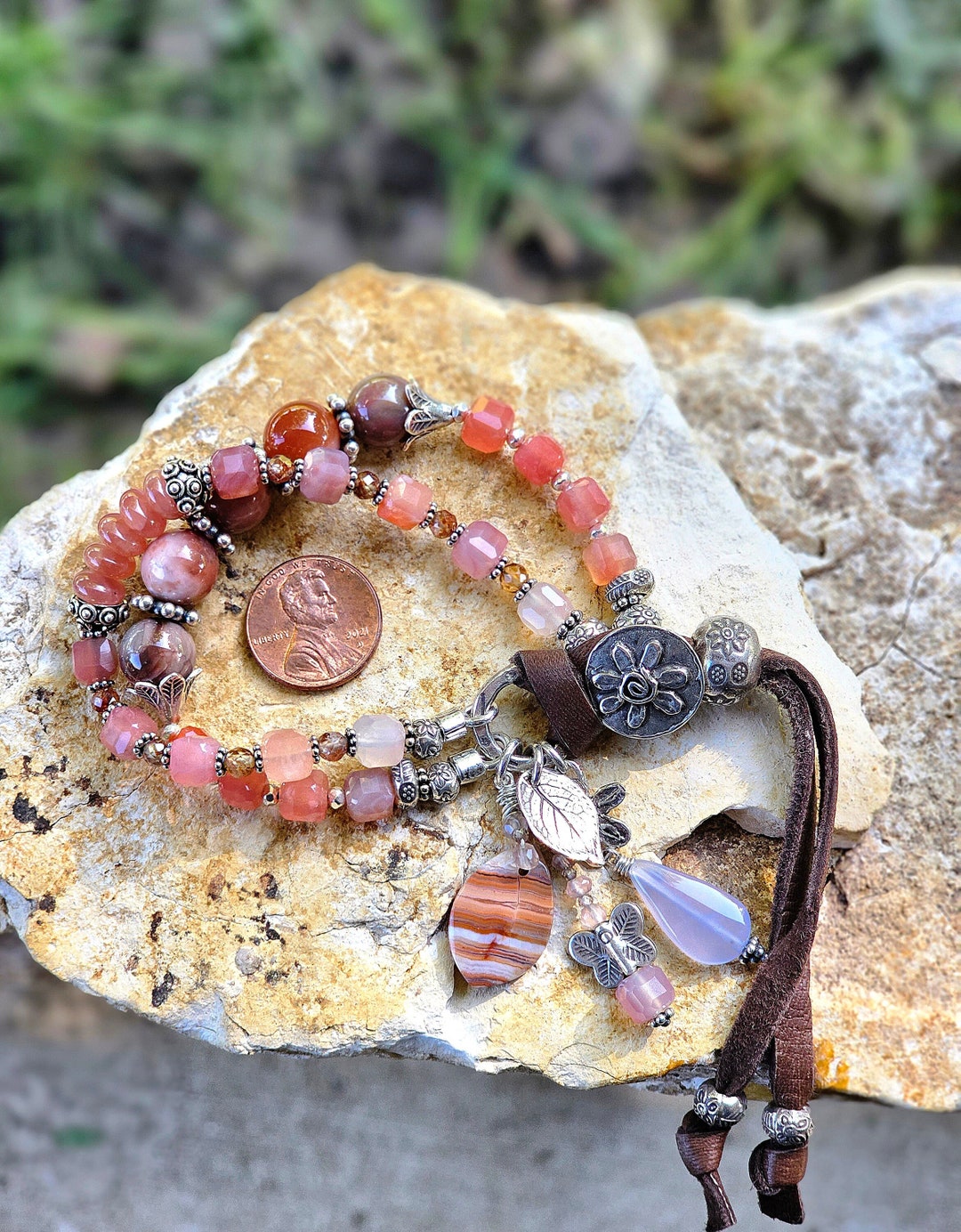 Alashan Agate & Botswana Agate Button Bracelet, Boho Peach Artisan ...