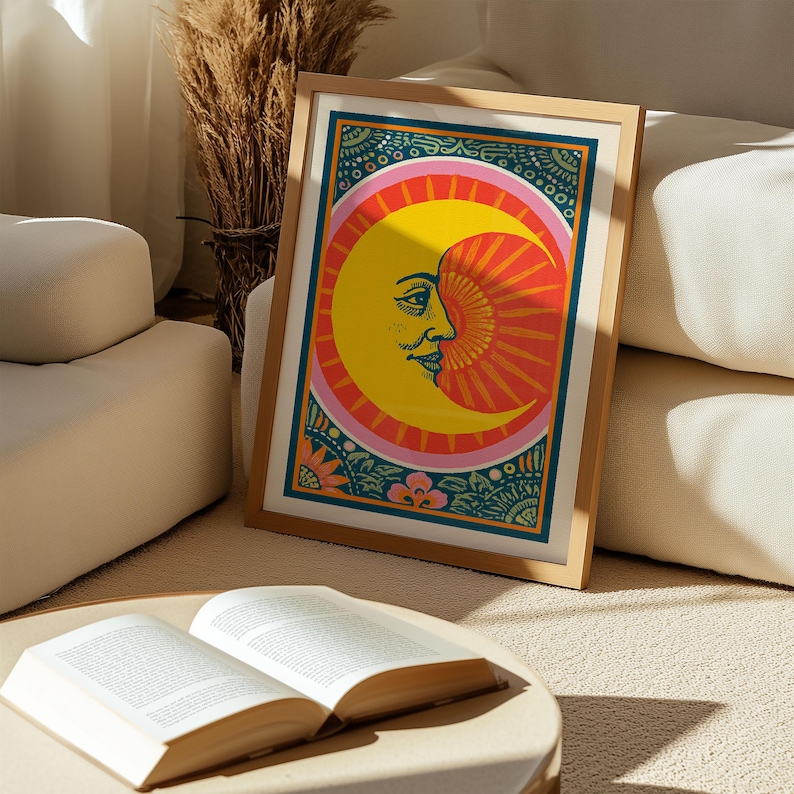 Boho Moon Art Print - Psychedelic Moon Face - Vibrant Colourful Artwork ...