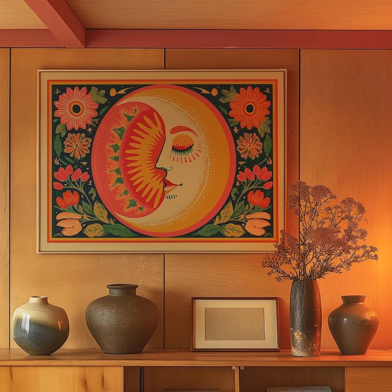Boho Moon Art Print - Psychedelic Moon Face - Vibrant Colourful Artwork ...