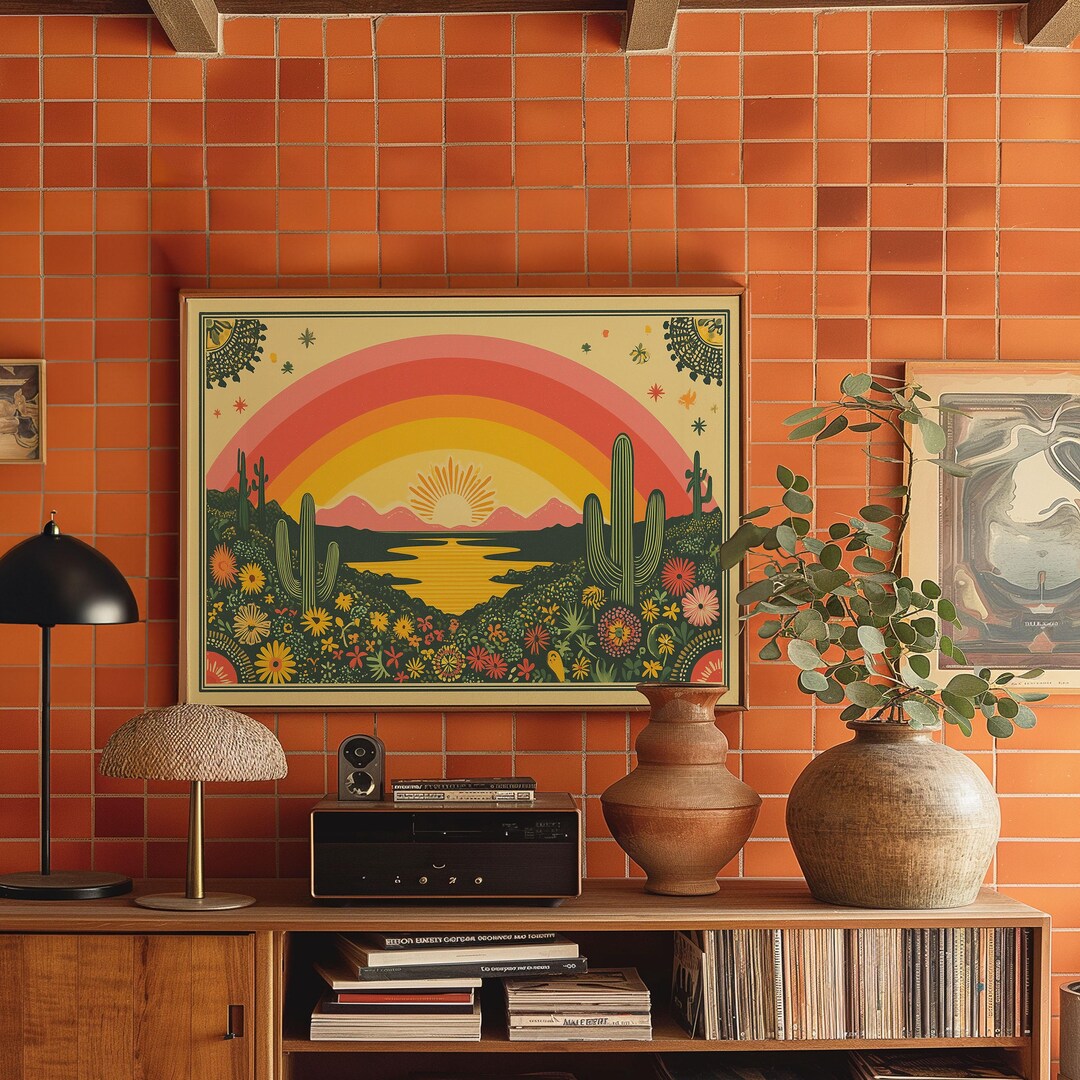 Boho Sunset Desert Landscape Wall Art – Vintage Floral Horizon Print ...