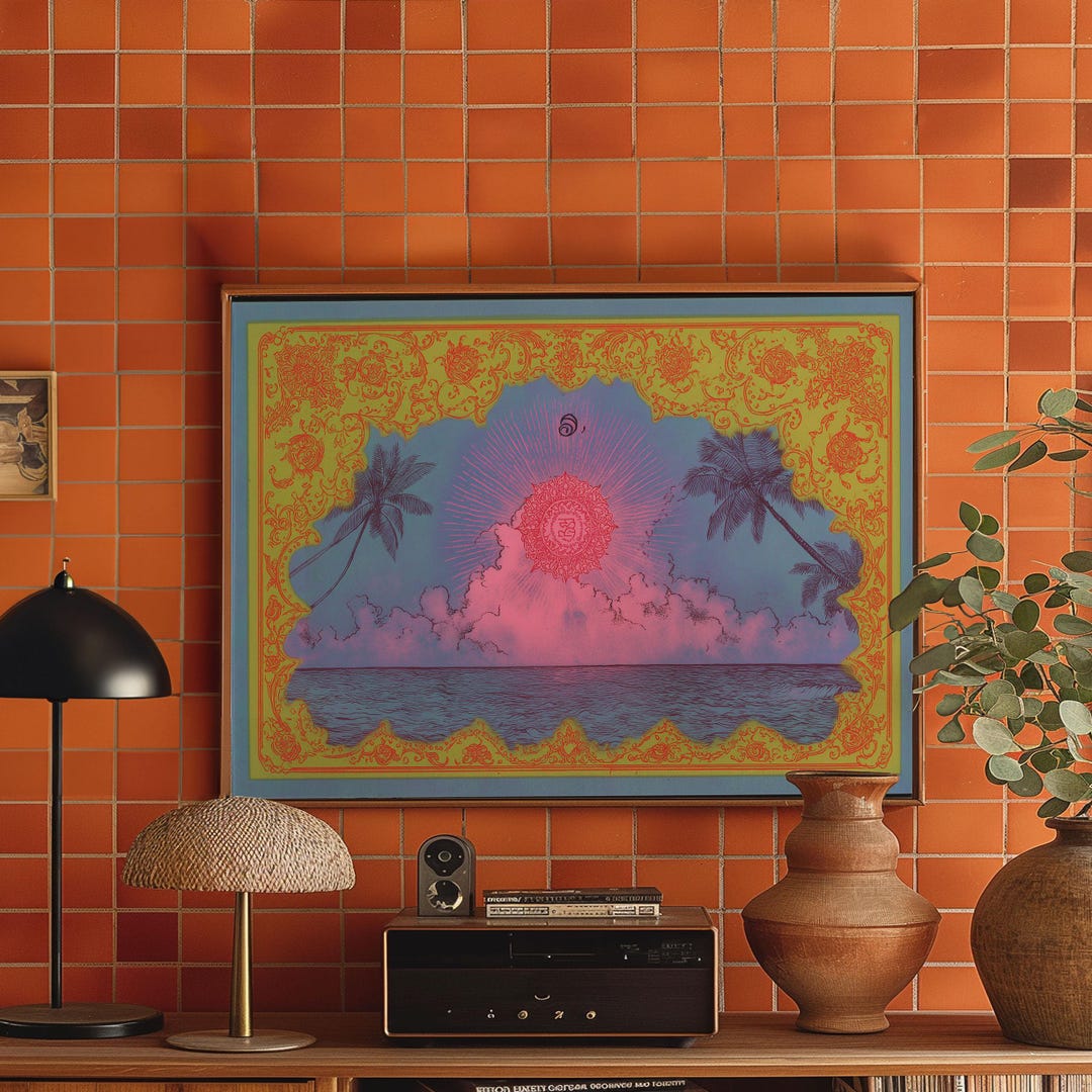Psychedelic Tropical Sunset Art Print - Mandala Sun Ocean Poster - Etsy UK