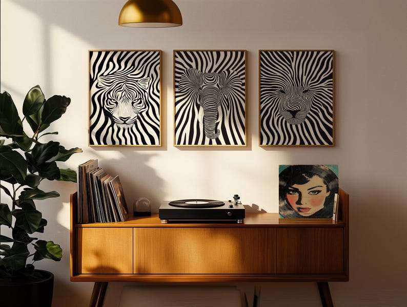 Black and White Optical Illusion Animal Wall Art Set of 3 Posters ...