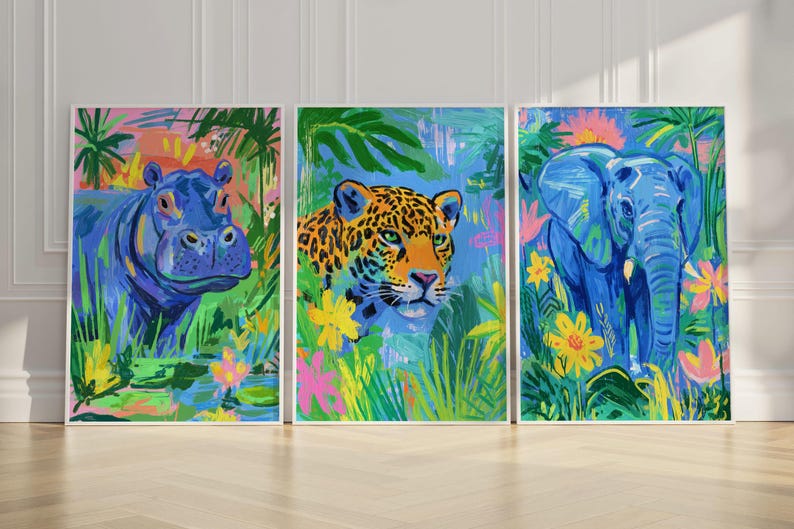 Vibrant Jungle Animal Triptych Set of 3 Prints | Abstract Hippo Leopard ...