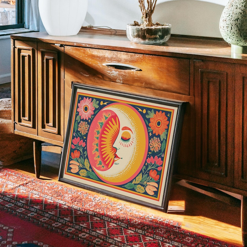 Boho Moon Art Print - Psychedelic Moon Face - Vibrant Colourful Artwork ...