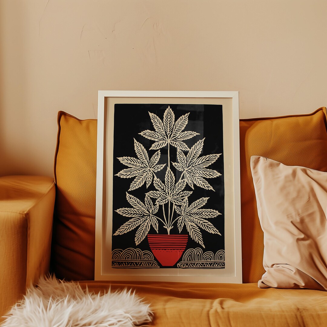 Modern Cannabis Plant Wall Art Print – Bold Minimalist Marijuana Leaf ...