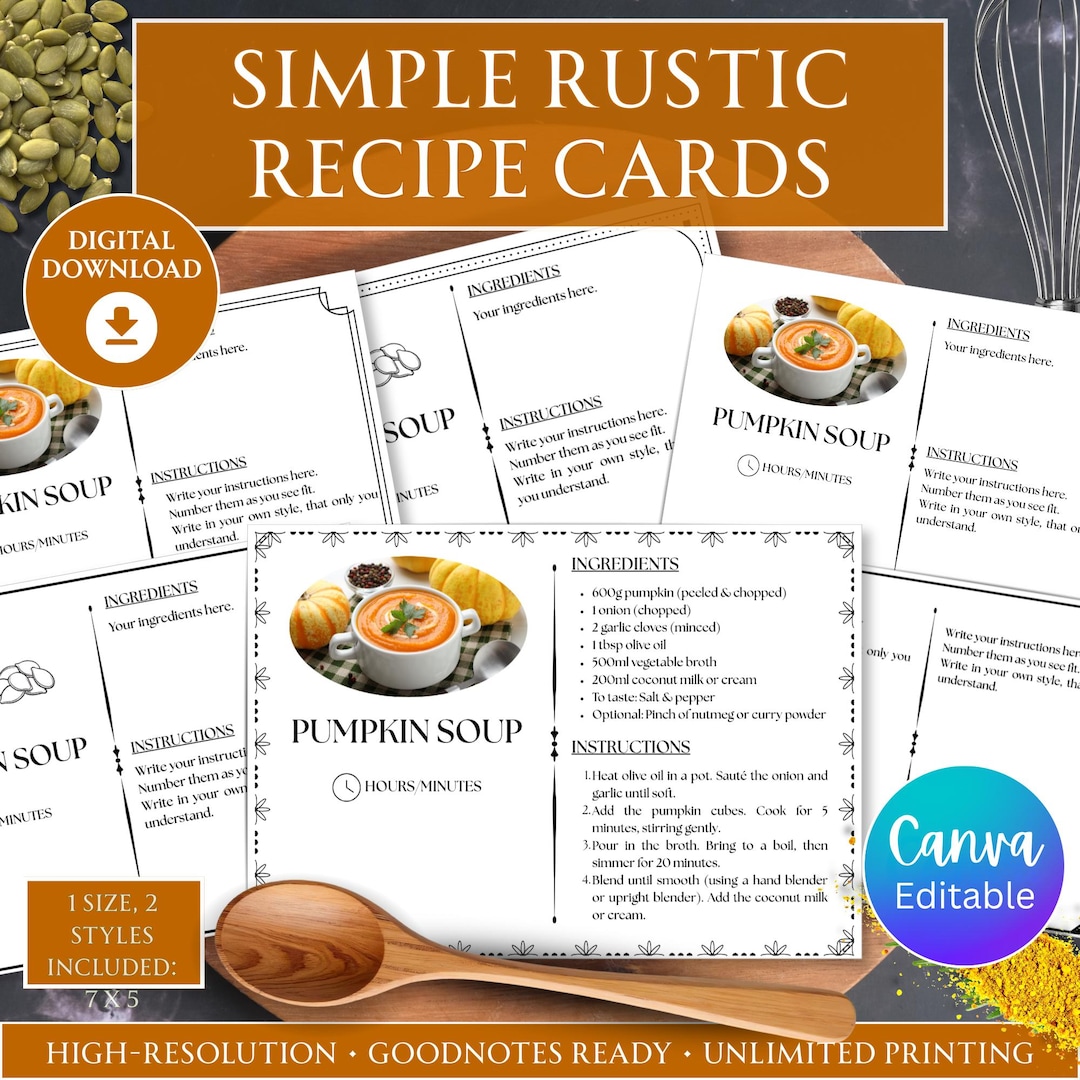 Rustic Recipe Card Template, Canva Editable 5x7 (digital Download) - Etsy
