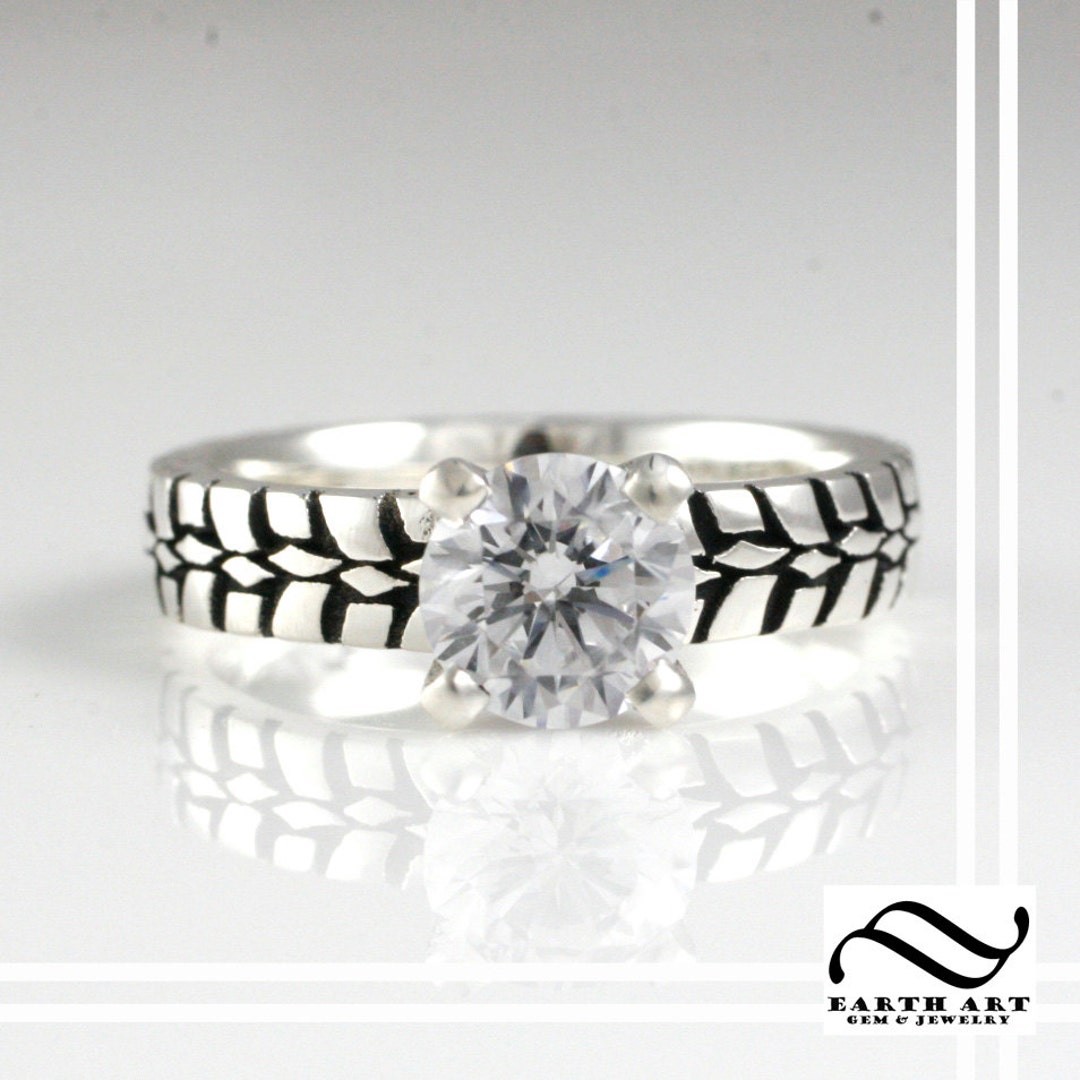 Ladies Narrow Tire Tread Ring With CZ - Sterling Silver Solitaire ...