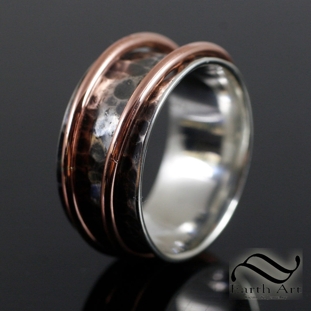 Rustic Double Metal Hammered Spinner Sterling Silver and Copper - Etsy