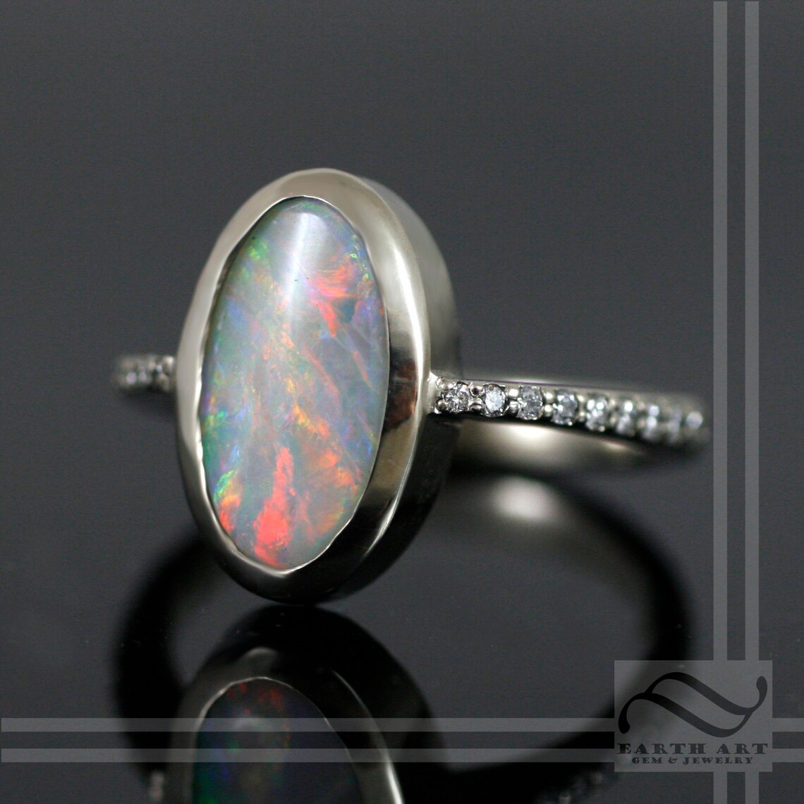 Opal Engagement Ring in 14k White Gold With Tapered Diamond | Etsy