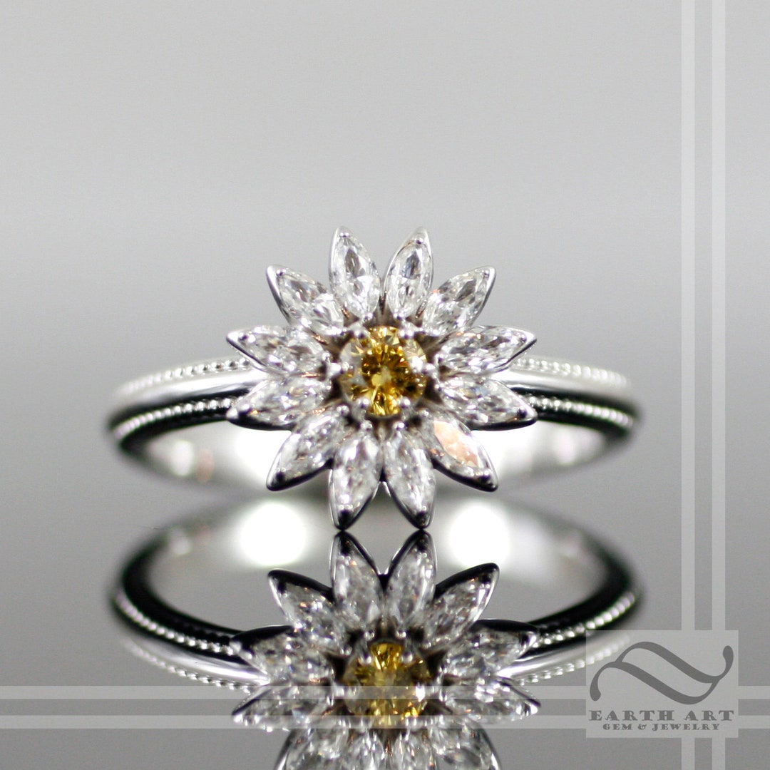 14k White Gold and Diamond Daisy Ring - a Ladies Promise or Engagement ...