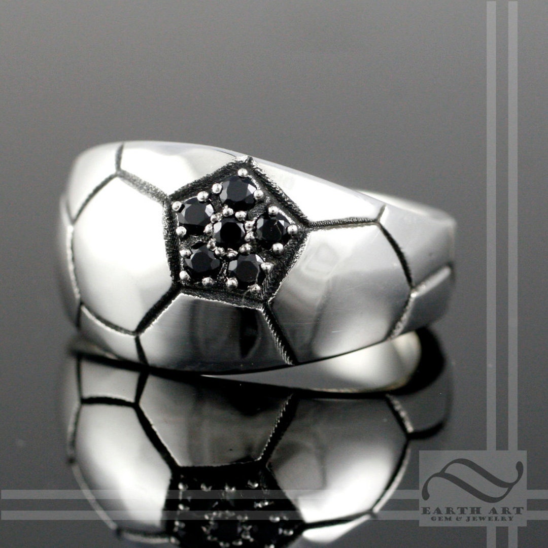 Soccer Ball or Futbol Ring - Sterling Silver With Black Diamonds Game ...
