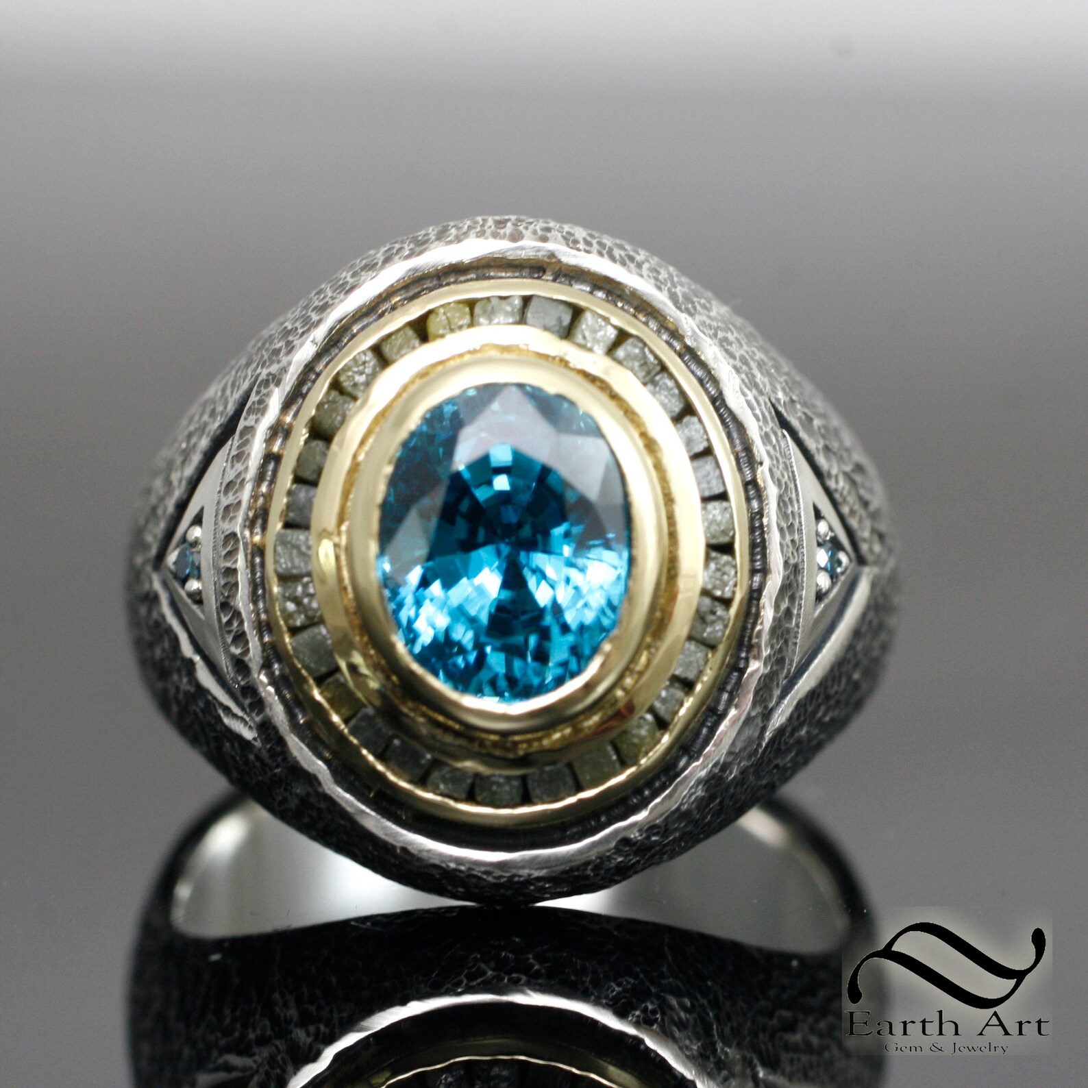 5 Carat Mens Blue Zircon Signet Ring - Sterling Silver and 18k Yellow ...