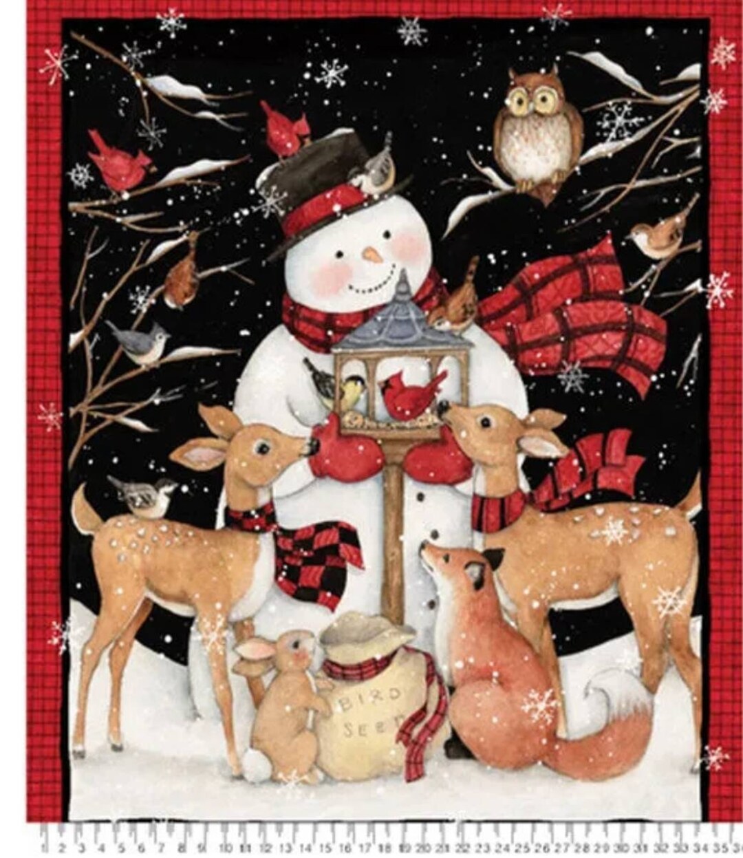Susan Winget Snowman Cotton PANEL Fabric Quilt 36" X 44" Birds Deer Owl ...