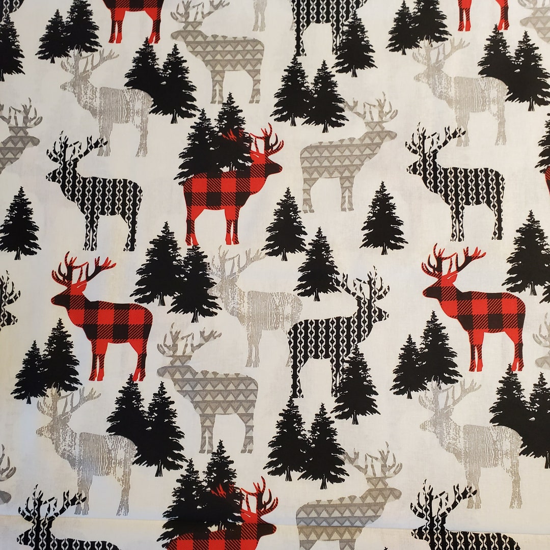 DEER Fabric Buffalo Plaid Check Deer Sold by the Yard, FQ, 1/2 Yard ...