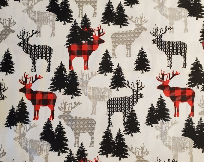 DEER Fabric Buffalo Plaid Check Deer Sold by the Yard, FQ, 1/2 Yard ...