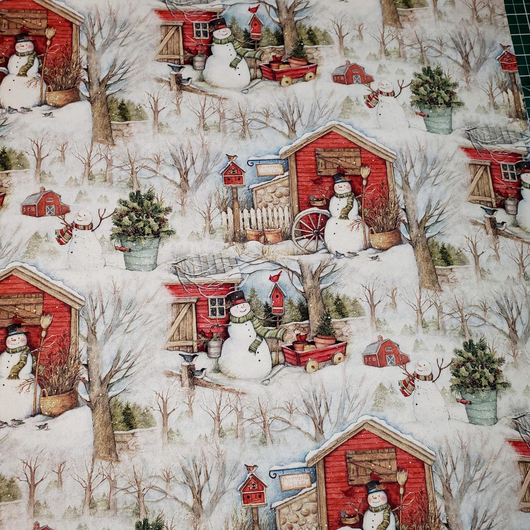 Susan Winget Fabric Christmas Snowman Barn Birds Winter Snow Sold by the Yard OR 1/2 Yard, BTY ...
