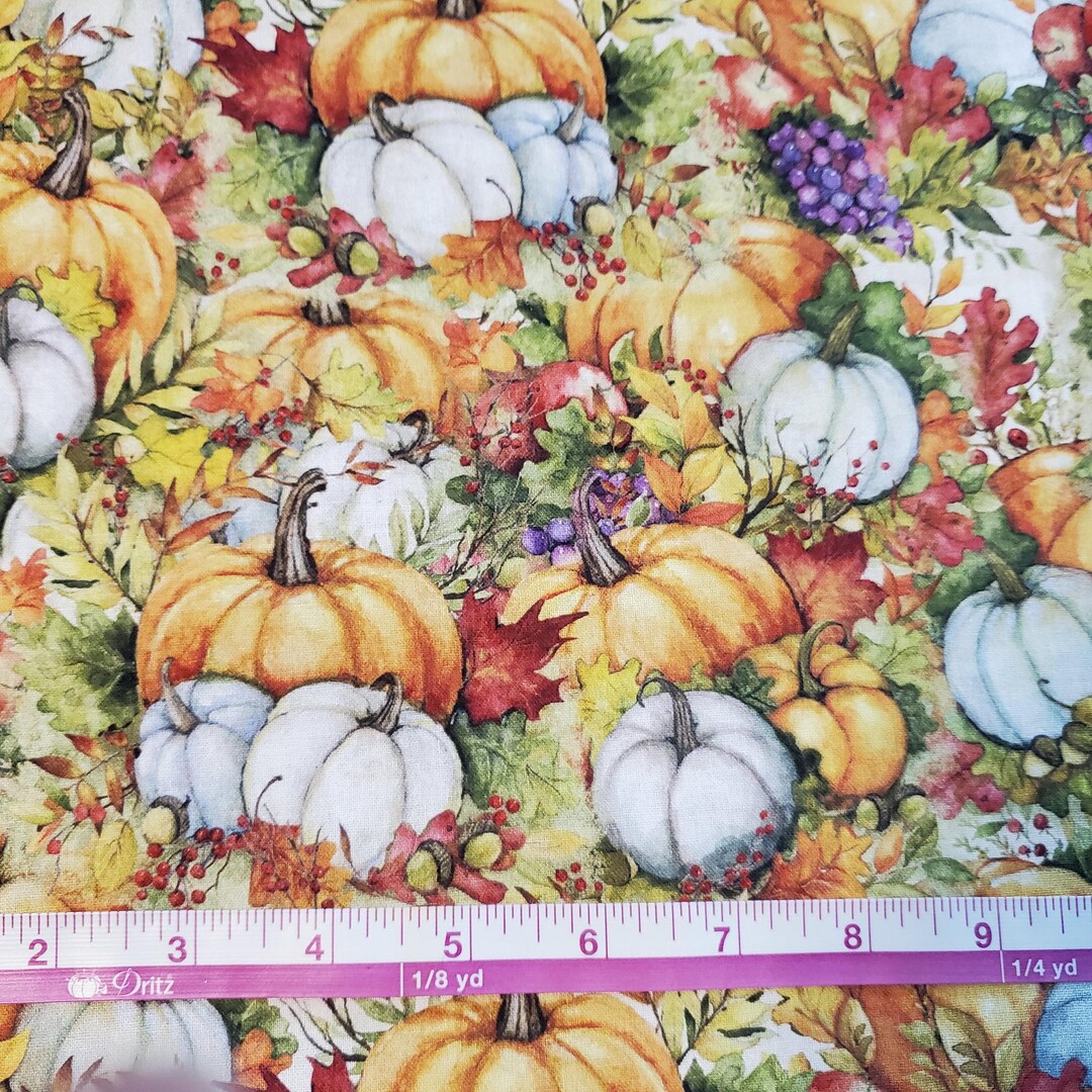 Susan Winget 100% Cotton Fabric Fall Harvest Pumpkins Leaves BTY, HY ...
