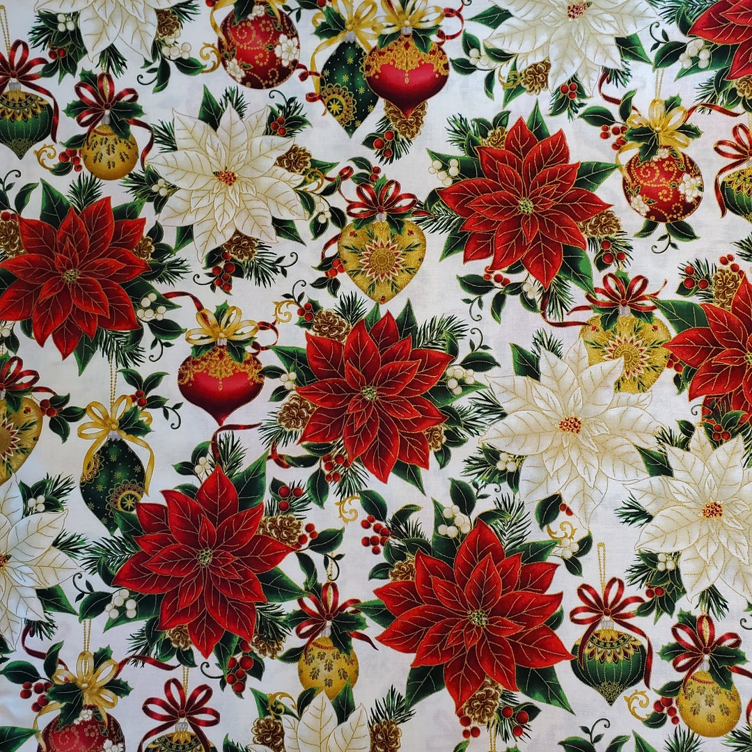 Robert Kaufman Christmas Splendor Ornaments Poinsettias 100% Cotton ...