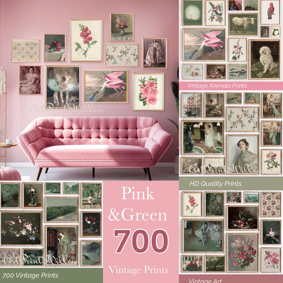 700 Green Pink Vintage Prints - Printable Gallery Wall Art, Antique ...