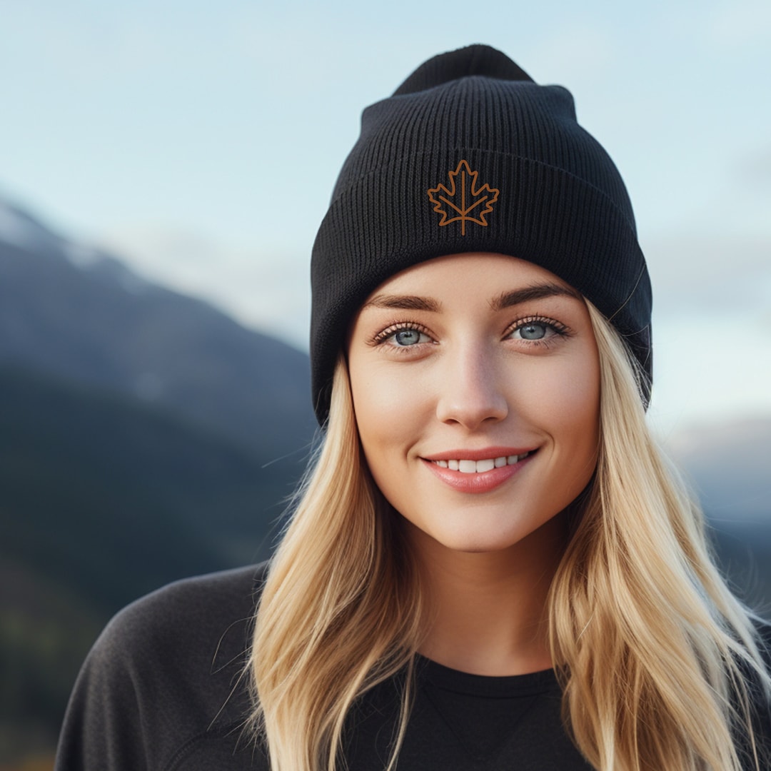 Embroidered Cuffed Beanie, Autumn Leaf Hat, Fall Leaf Hat, Minimalist ...