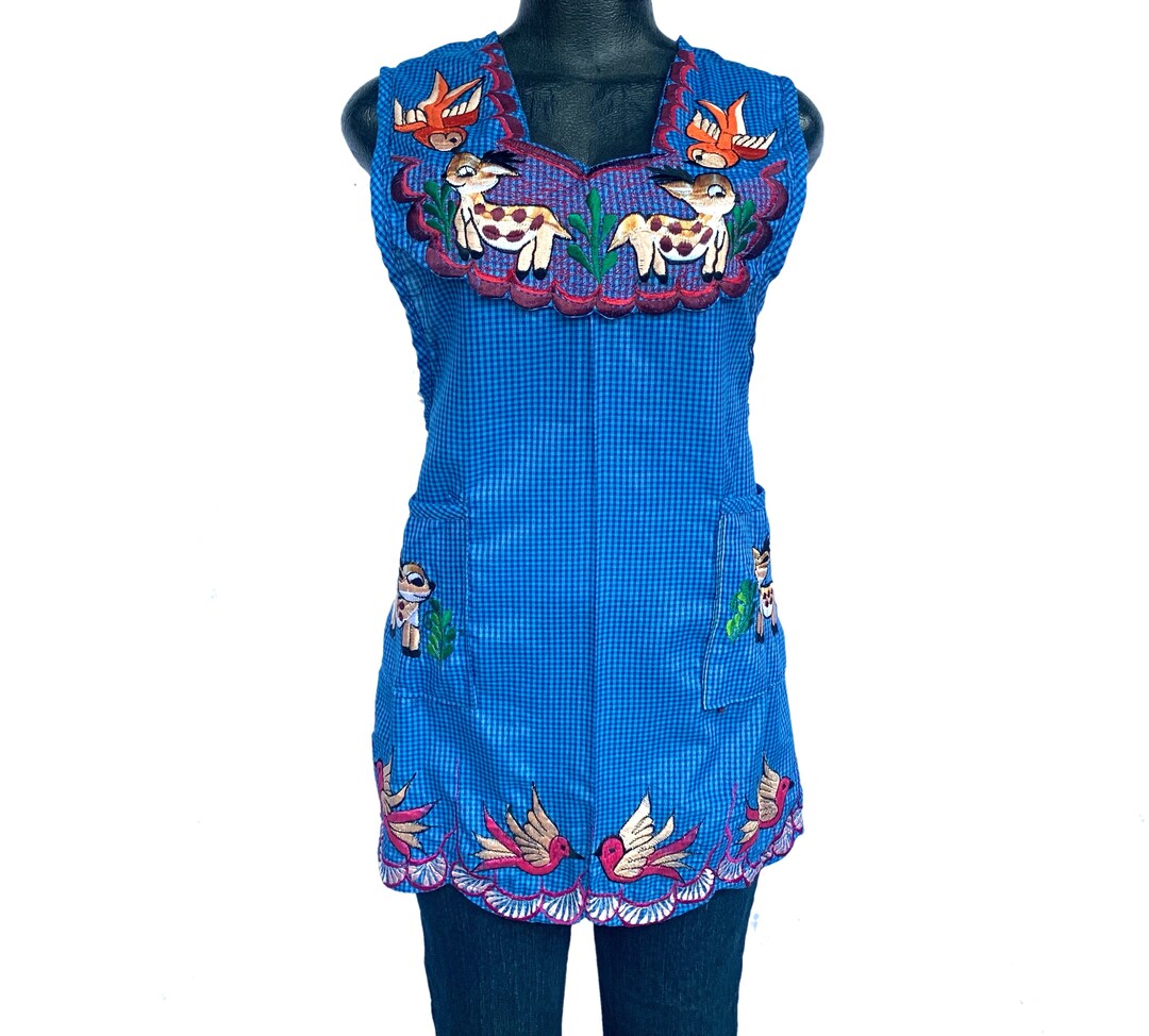 Woman Medium Mexican Apron, Blue & Bird Flower Embroidery Apron ...
