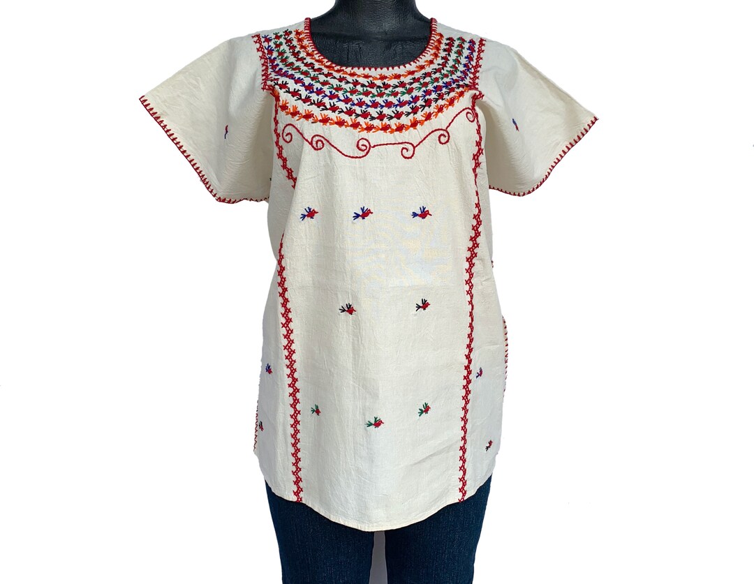 Red Floral Embroidered Mexican Tunic Top: Muslin Cotton Blouse - Etsy
