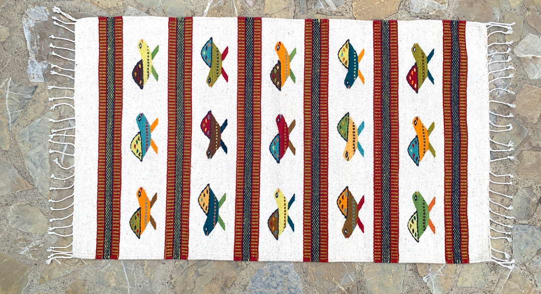 Authentic Zapotec Oaxacan Mexican 23x39 Hand Woven White Colorful ...