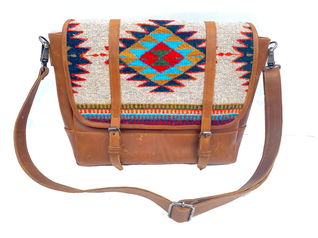 Western Genuine Leather Saddle Rug Messenger Bag With Zapotec Geometric ...