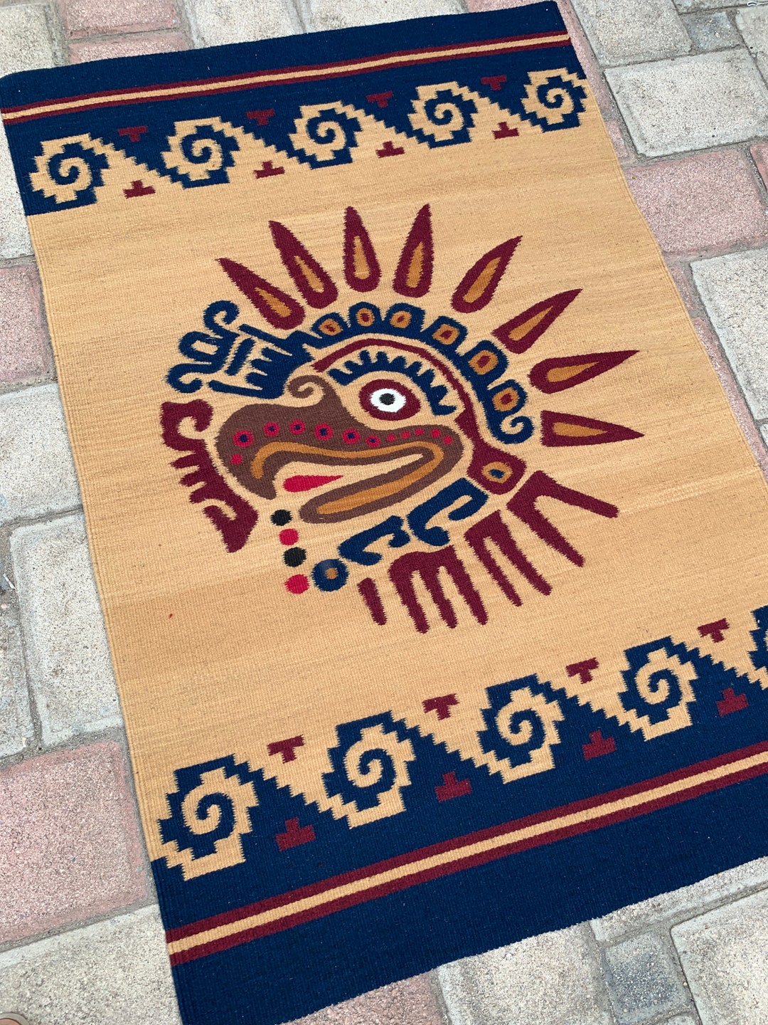 Authentic Zapotec Rug, 39"x57" Eagle Head Pre Hispanic Design, Natural ...