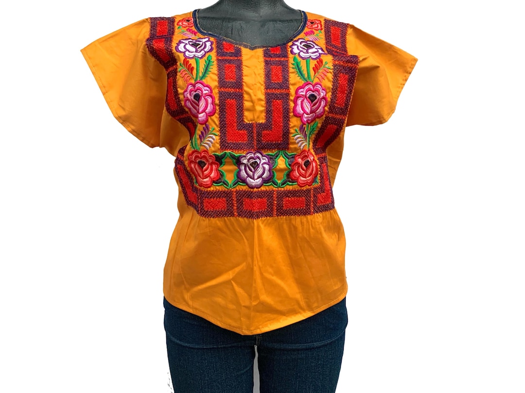 Mexican Dark Yellow and Color Floral Embroidered Tunic Top, Relaxed ...