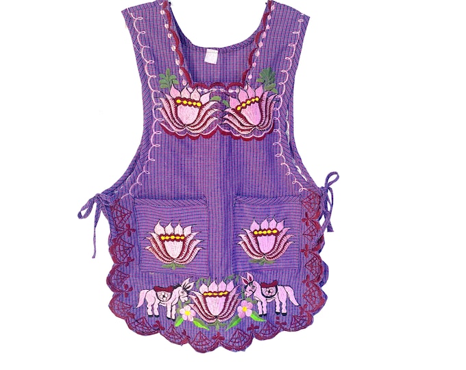 Mexican Small Woman Apron, Purple and Brown Tunic Floral Embroidery ...