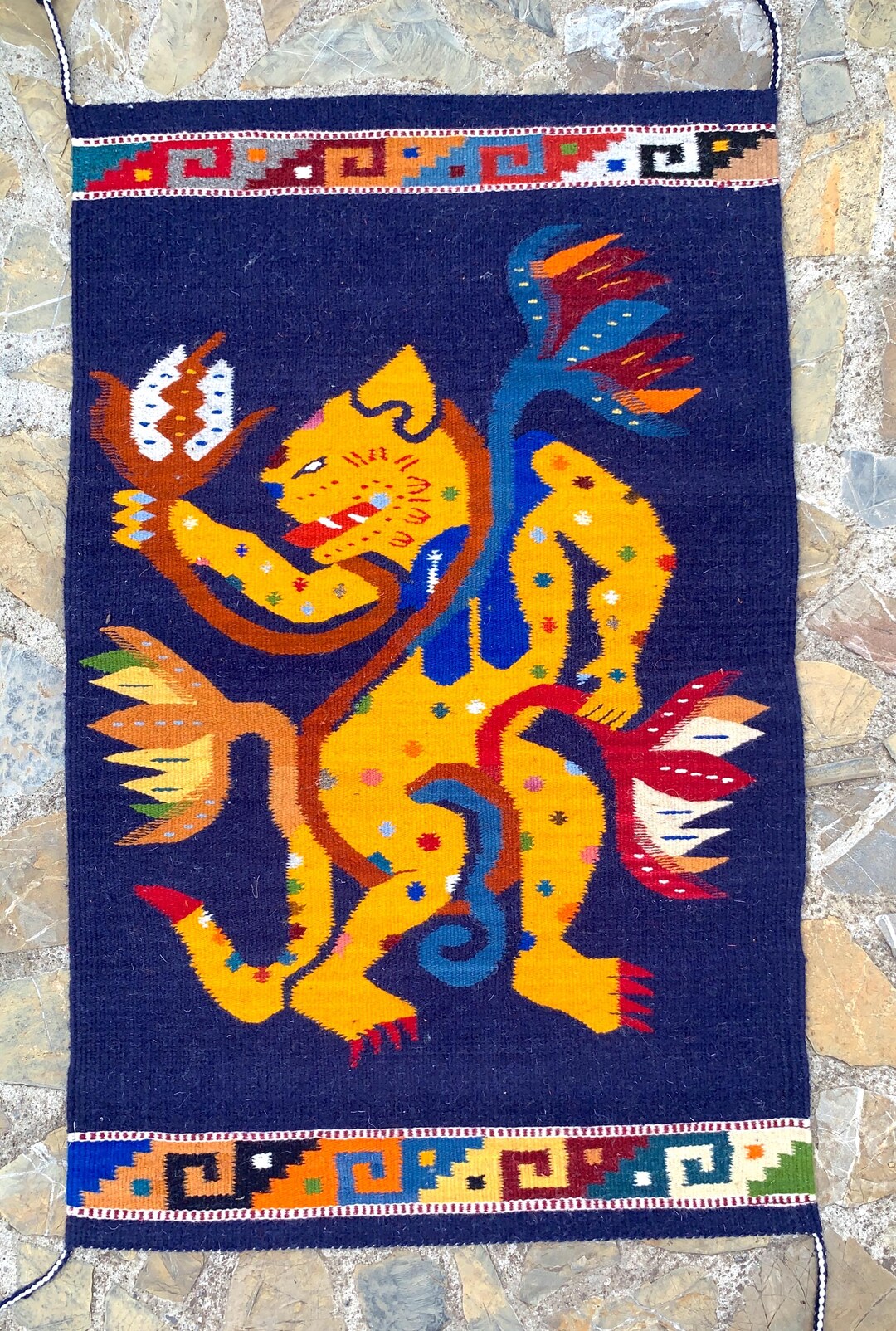 Mayan Healing Jaguar Rug, 24x38 Inches Hand Woven Zapotec Tapestry ...