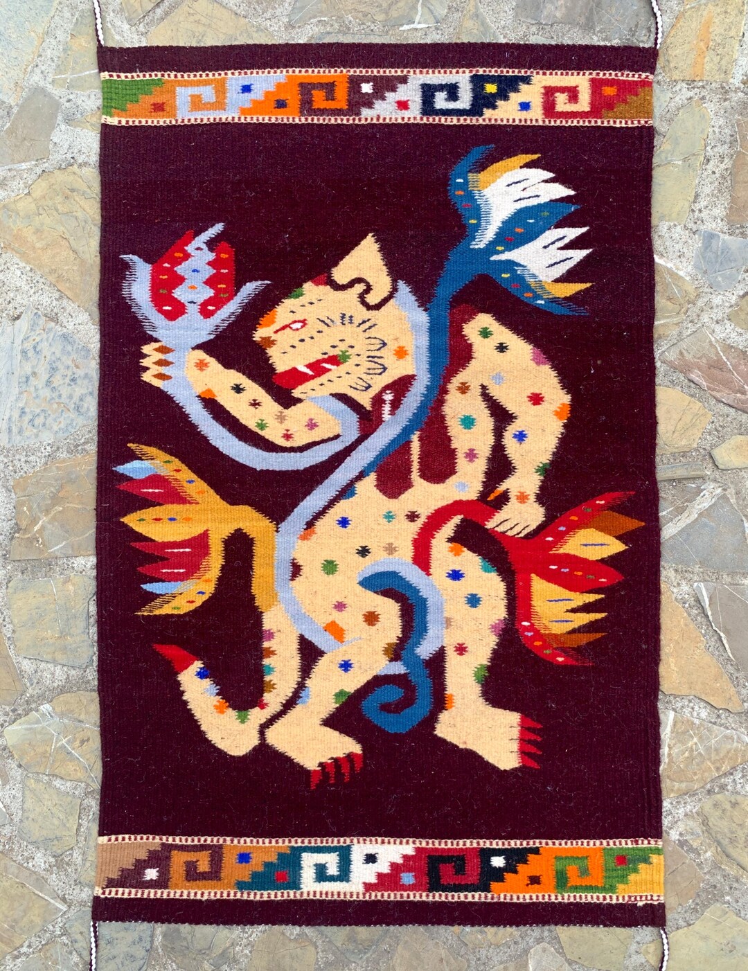 Mayan Healing Jaguar Rug, 24x38 Inches Hand Woven Zapotec Tapestry ...