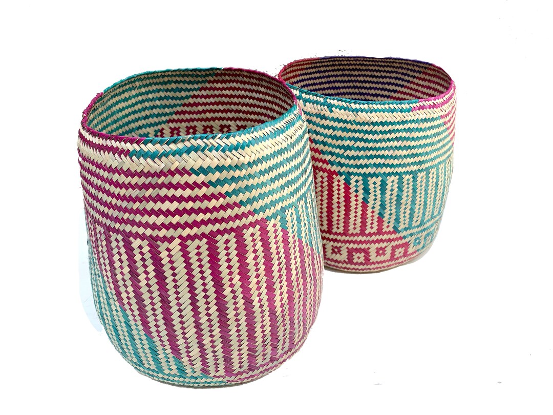 Palm Leaf Baskets, Set of 2 Storage Cylinder Natural Bin, Hand Made ...