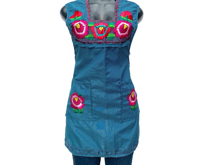 Large Mexican Green Woman Apron, Fuchsia Floral Embroidered Cooking ...